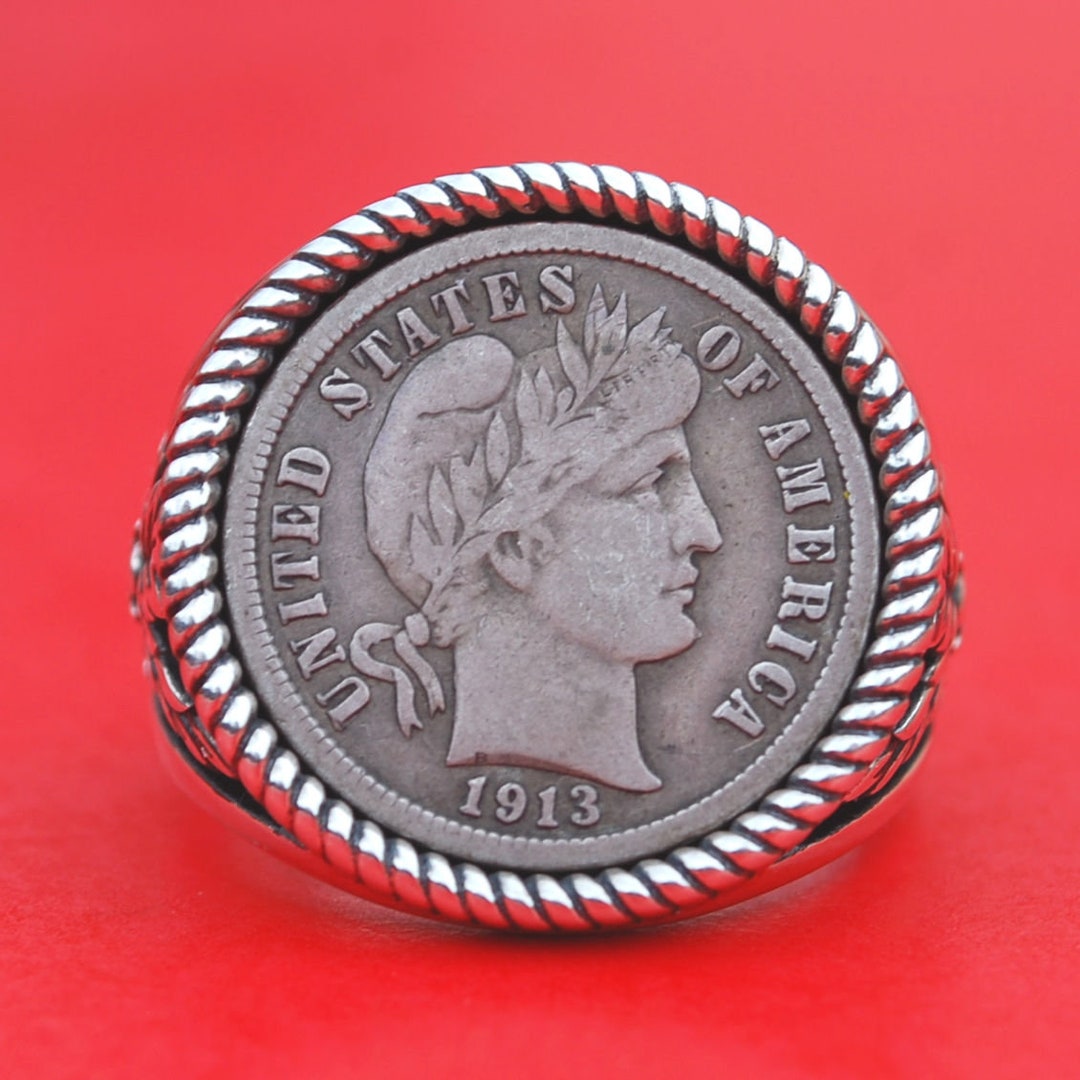 US 1913 Barber Dime 90% Silver Coin 925 Sterling Silver Signet Ring New ...