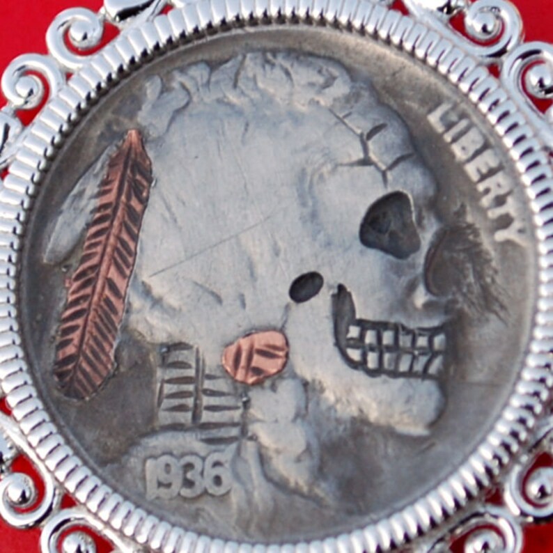 Carved Skull Zombie Copper Inlay Feather & Hair Tie Knot Hobo Nickel US ...