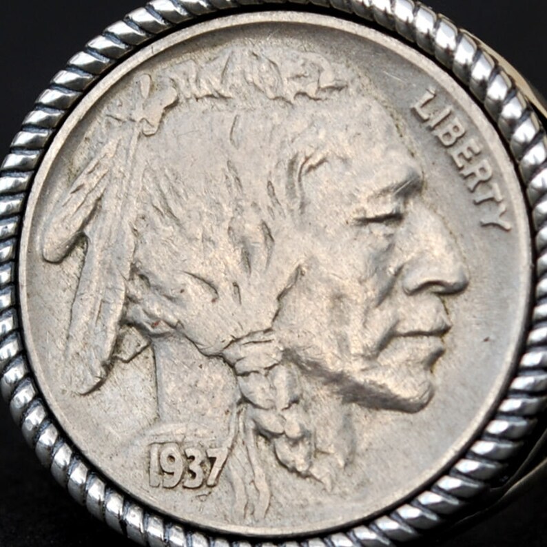 US 1937 Indian Head Buffalo Nickel AU Coin 925 Sterling Silver Signet ...