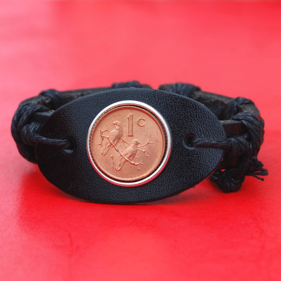1966 South Africa 1 Cent Uncirculated Coin Genuine Black Leather Cuff ...