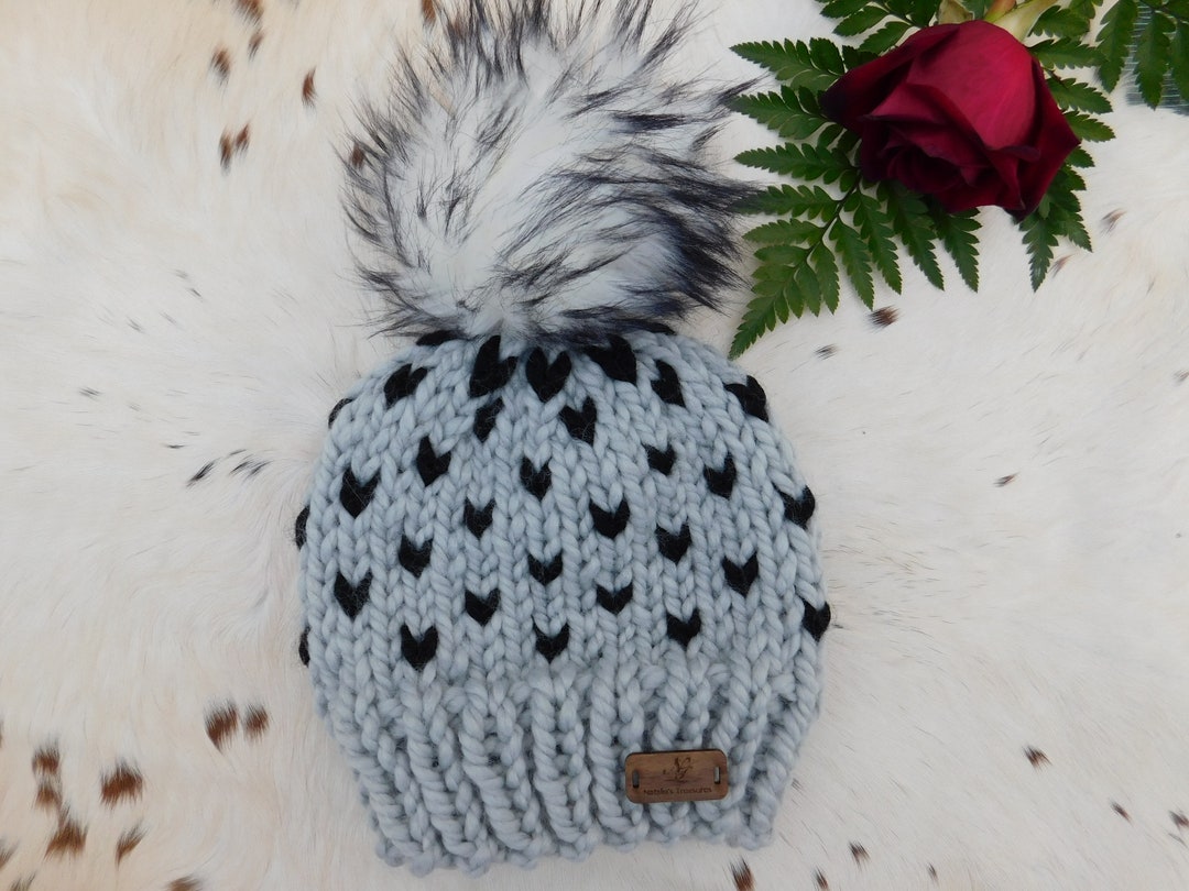 Mini Heart Baby Hat. Black Hearts Knit Hat. Hat With Pom Pom. Gift for ...