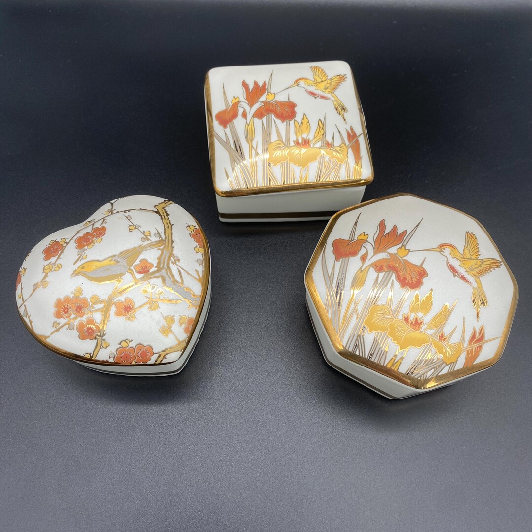 Vintage Porcelain Trinket Boxes Set: Hummingbird Floral Design, Made in ...