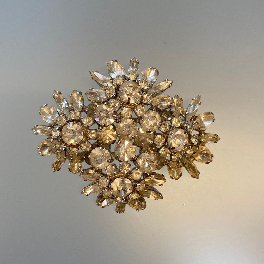 Sherman Brooch: Vintage Clear Rhinestone Floral Brooch, Mid-century ...