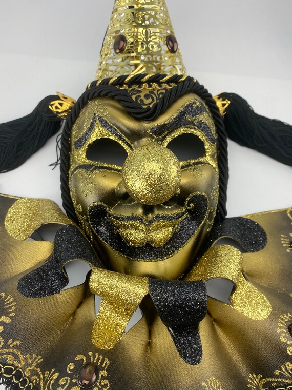 Vintage Venetian Clown Mask: Black and Gold Harlequin… - Gem
