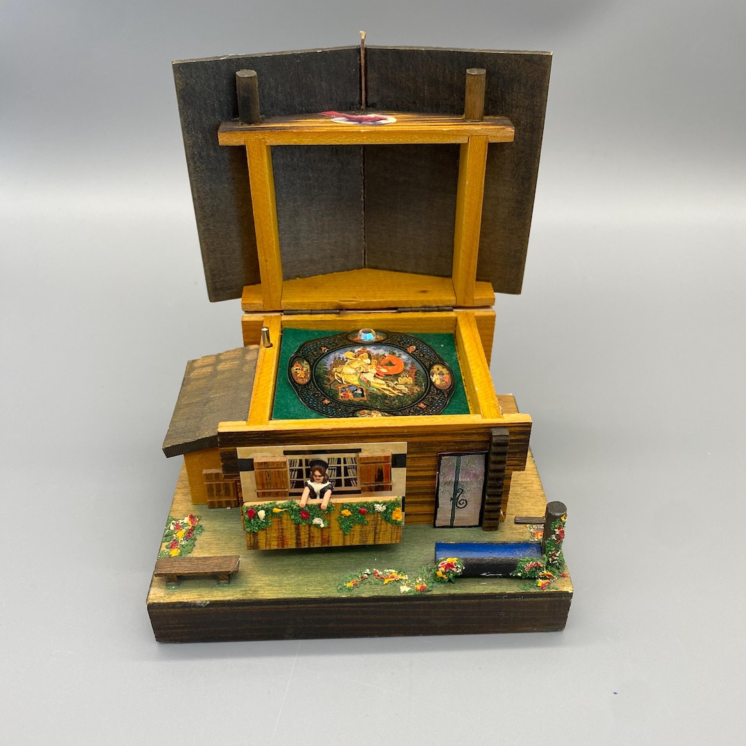 Vintage Wood Swiss Chalet Musical Jewelry Box Playing Song OH What A ...