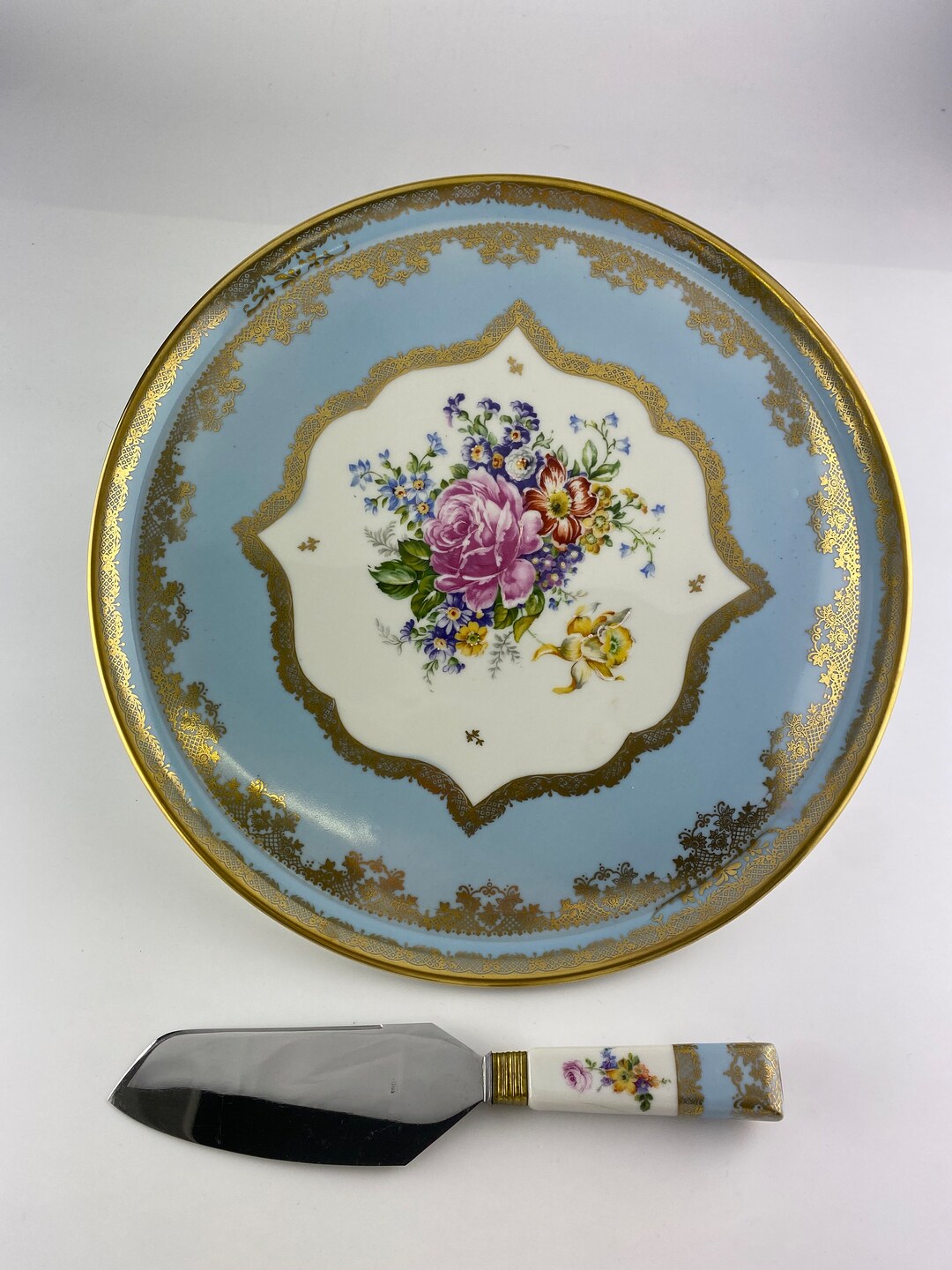 BIRKS Limoges Porcelain Cake Plate With Knife: Teal Blue Floral Gold ...