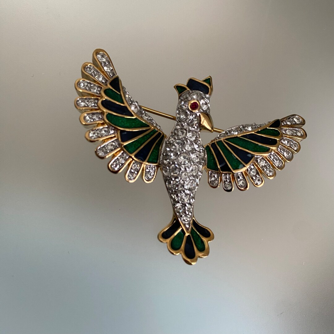 Vintage D'orlan Bird Brooch Green and Blue Enamel Crystal Brooch Bird ...