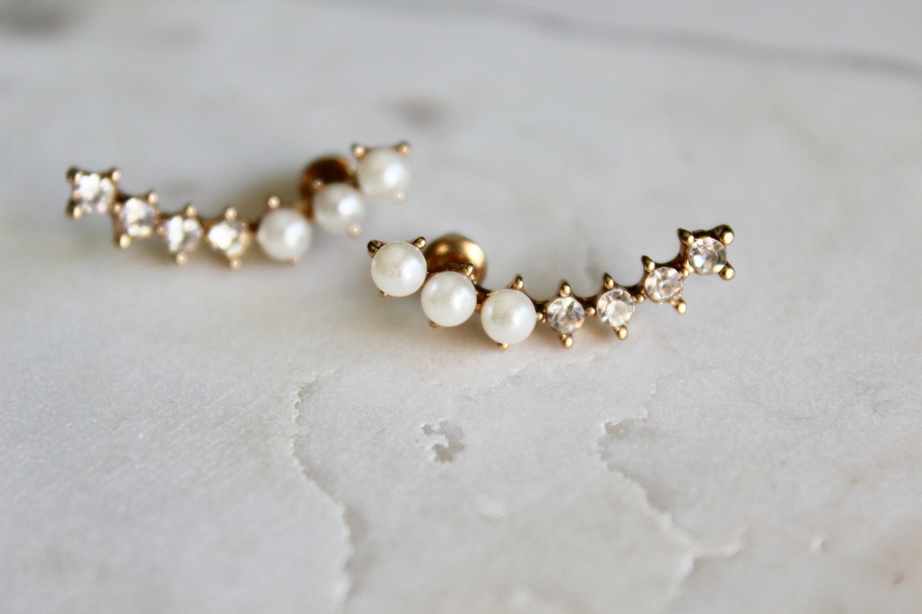 Sparkly Pearl Ear Climber gold ear cuff/ gold ear crawler/ | Etsy