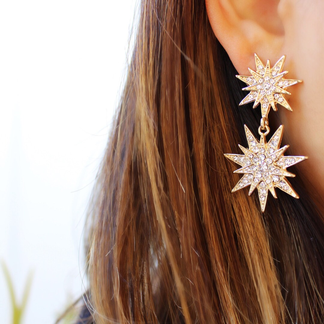Statement Star Dangle Earrings Star Jewelry/ Gold Star/ Starburst Drops ...