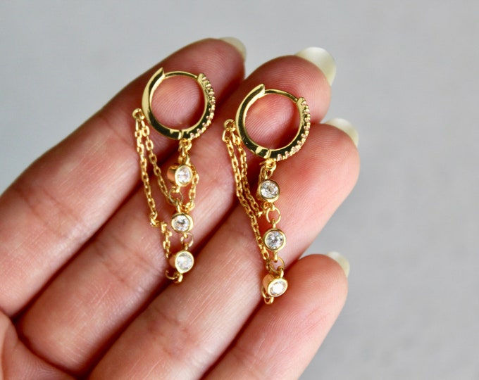 Sparkly Gold Huggie Hoops With Double Chain Drop- Dainty Gold Hoops ...