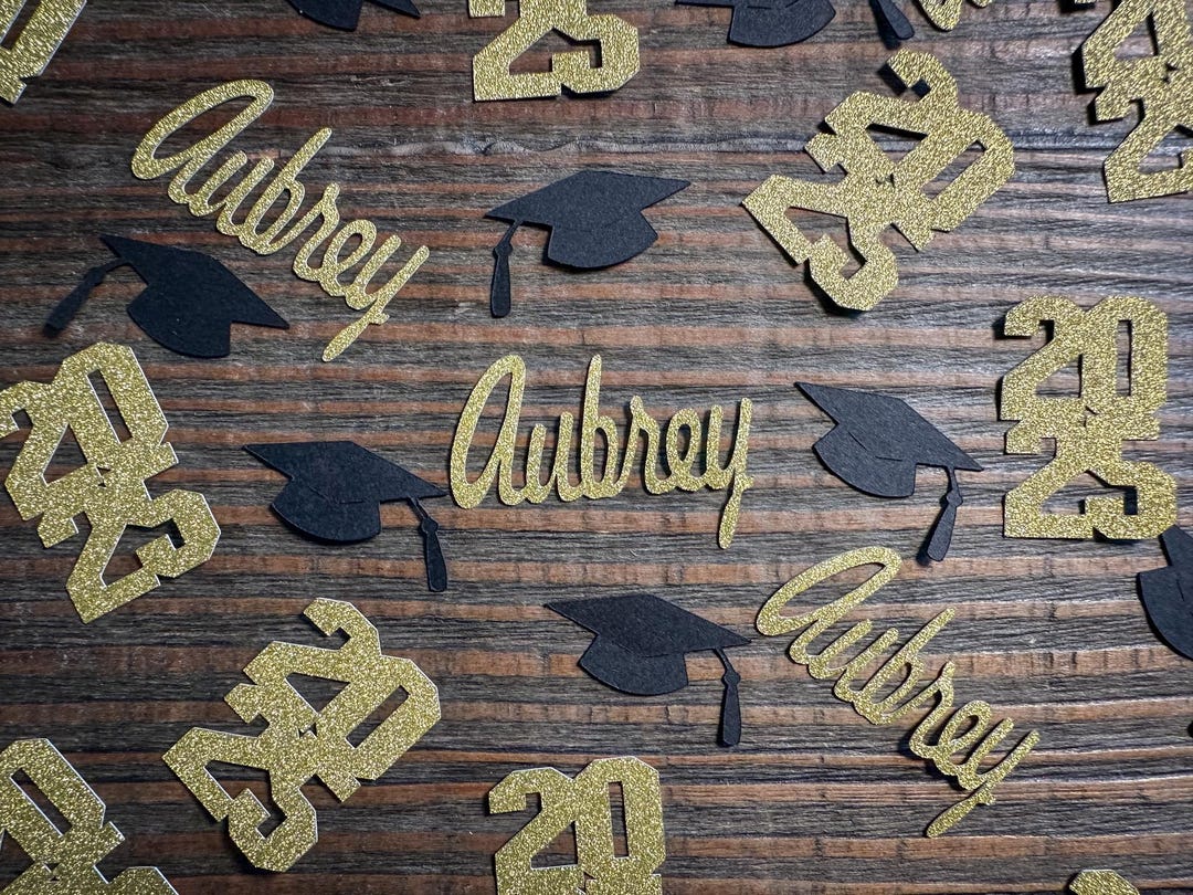 Personalized Gold 2025 Graduation Party Confetti With Grad Caps Stacked ...