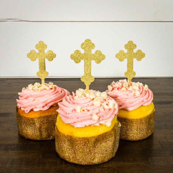 Gold Cross Baptism First Communion Cupcake Toppers | Etsy