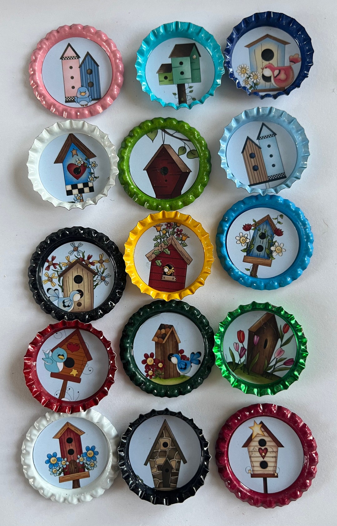 15 Birdhouse Themed Bottle Cap Magnets Birdhouses Birds Bird Magnets ...