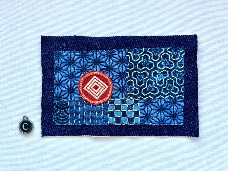 Navy Blue and Red Sashiko Boro Patch With Kamon Crest Fabric Art ...
