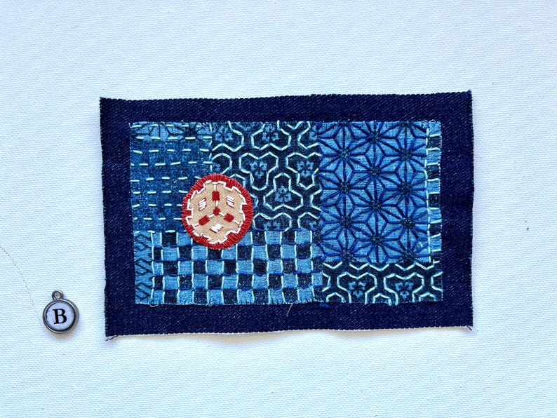 Navy Blue and Red Sashiko Boro Patch With Kamon Crest Fabric Art ...