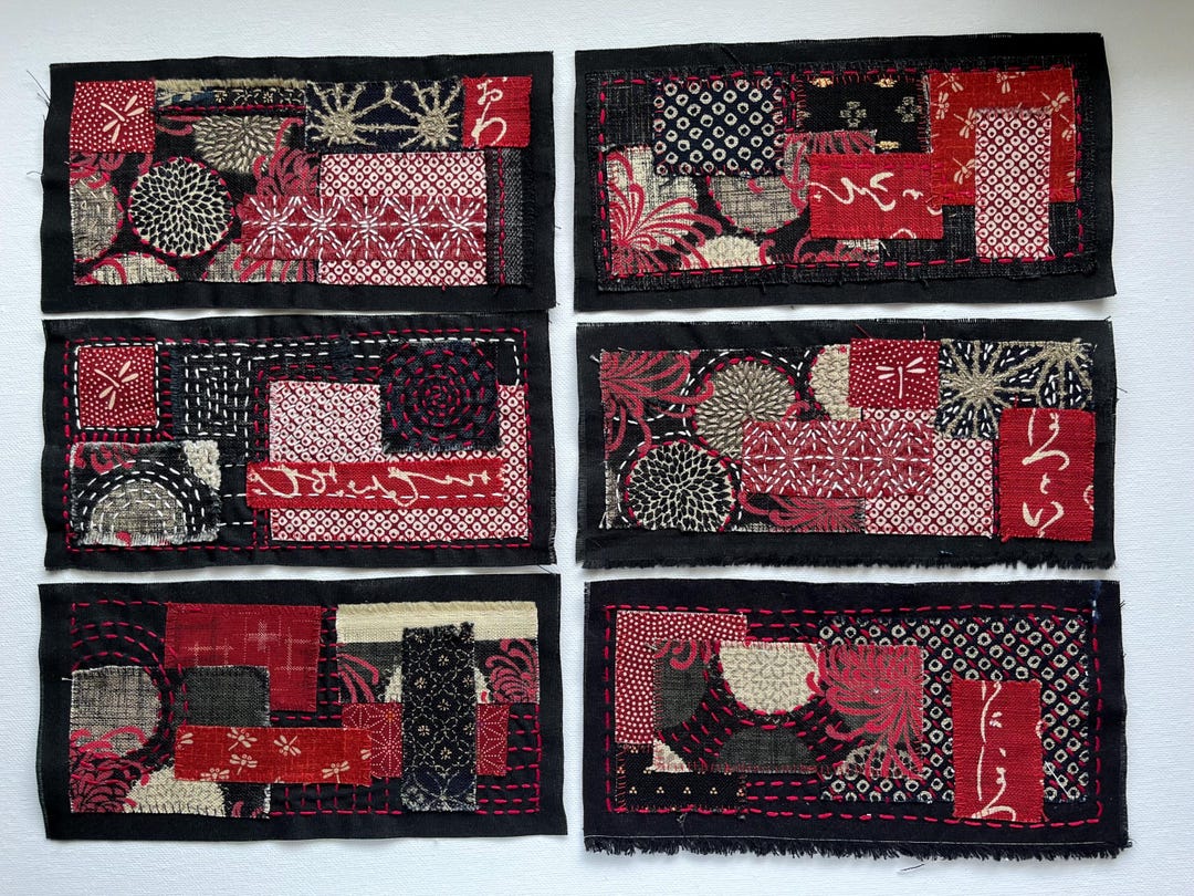 Boro Sashiko Japanese Embroidery Patches Fabric Collage in Red and ...