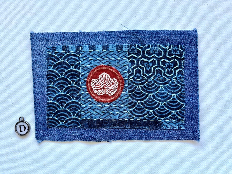 Navy Blue and Red Sashiko Boro Patch With Kamon Crest Fabric Art ...
