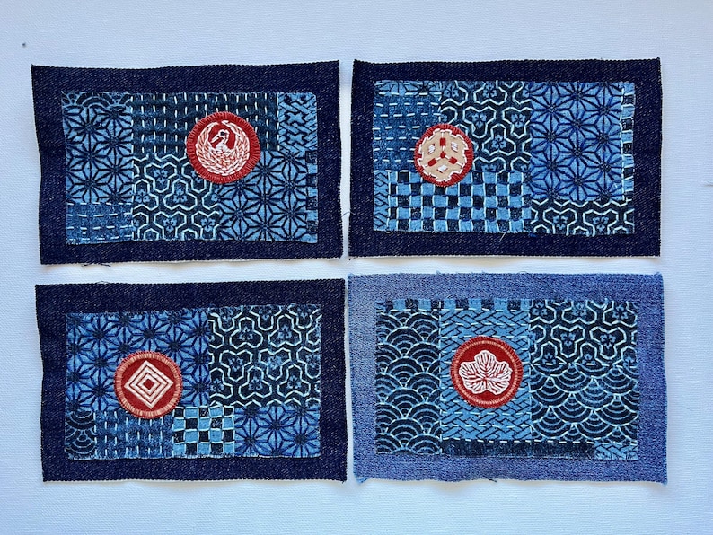 Navy Blue and Red Sashiko Boro Patch With Kamon Crest Fabric Art ...