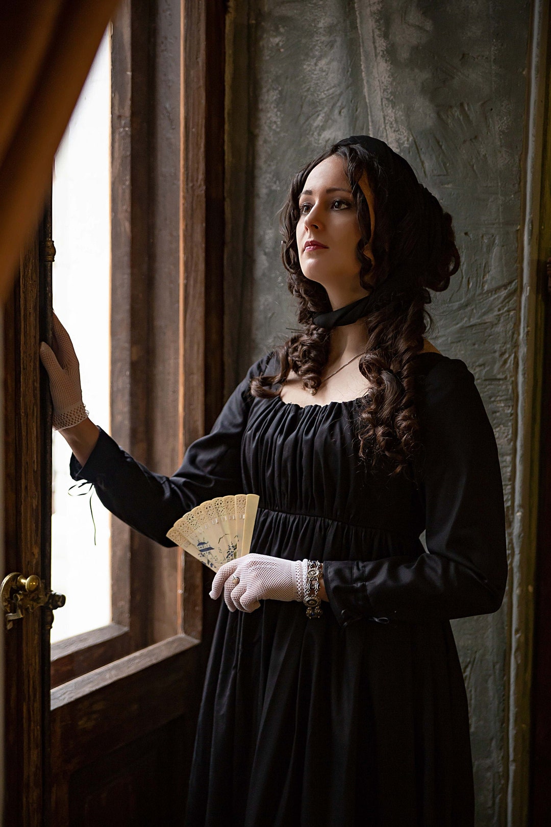 Regency Mourning Gown, Napoleonic Black Satin Round Gown, 1790s Round ...