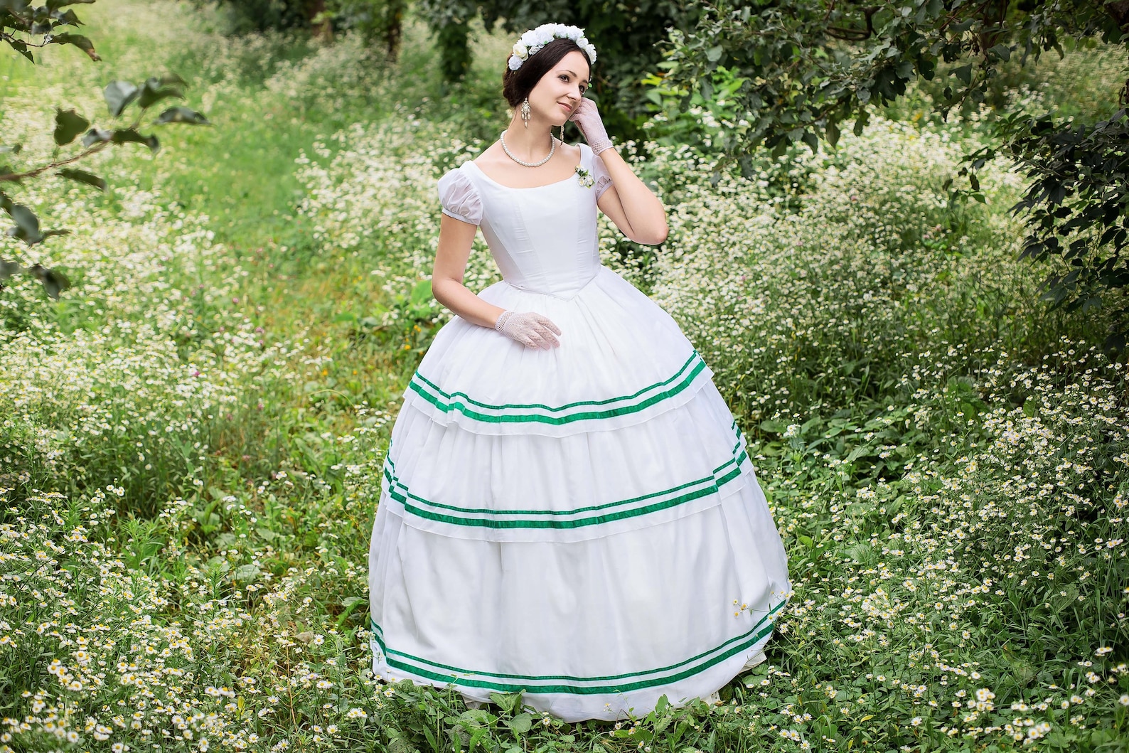 1850s Crinoline Dress American Civil War White and Green Gown | Etsy