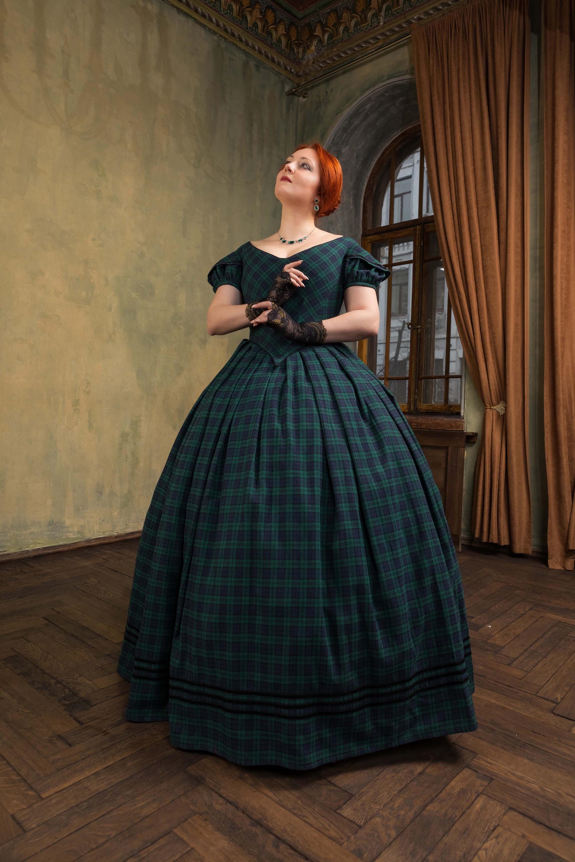 1850s Plaid Dress, Queen Victoria Scottish Gown, Victorian Green and ...