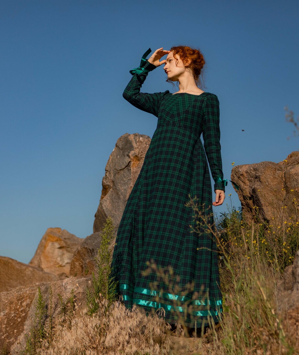 Scottish Regency Dress, Plaid Green Napoleonic Gown, 1800s Regency ...