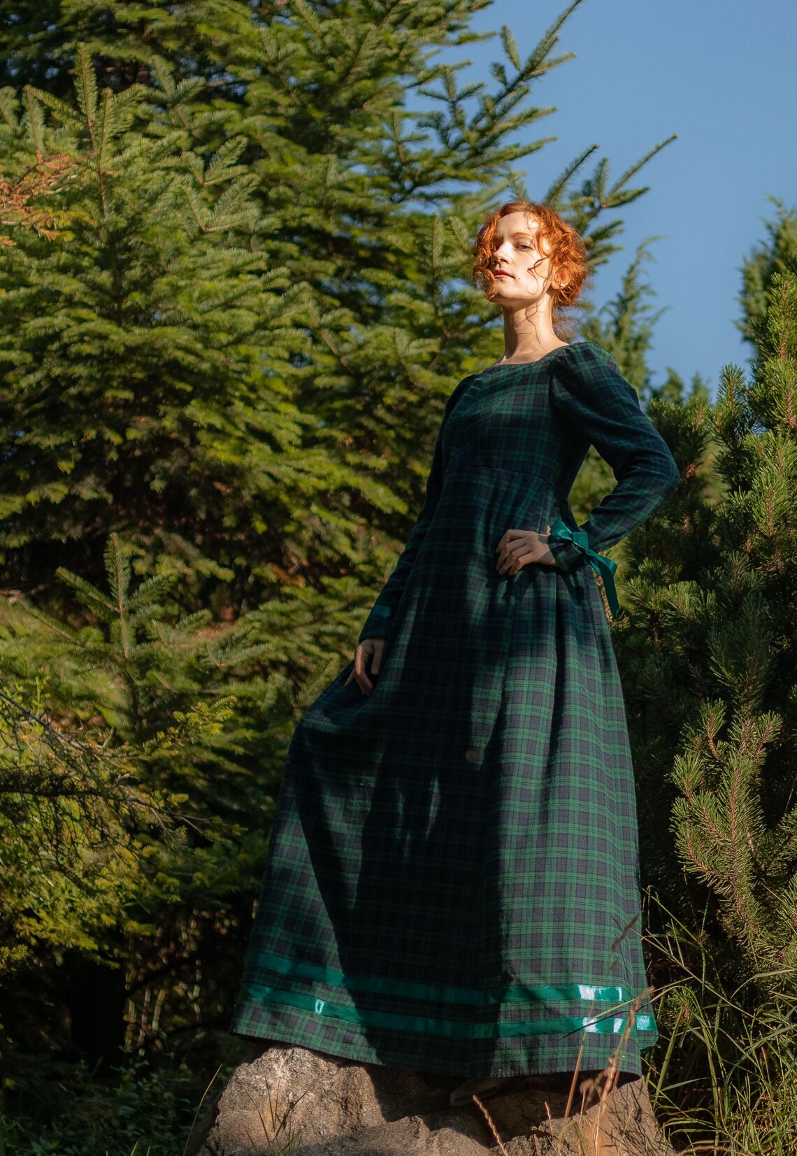 Scottish Regency Dress, Plaid Green Napoleonic Gown, 1800s Regency ...