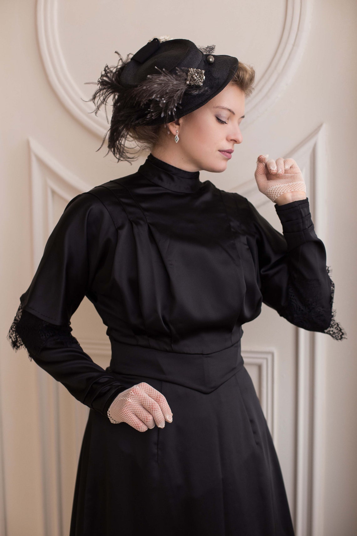 Edwardian Mourning Dress 1900s Black Satin Gown | Etsy