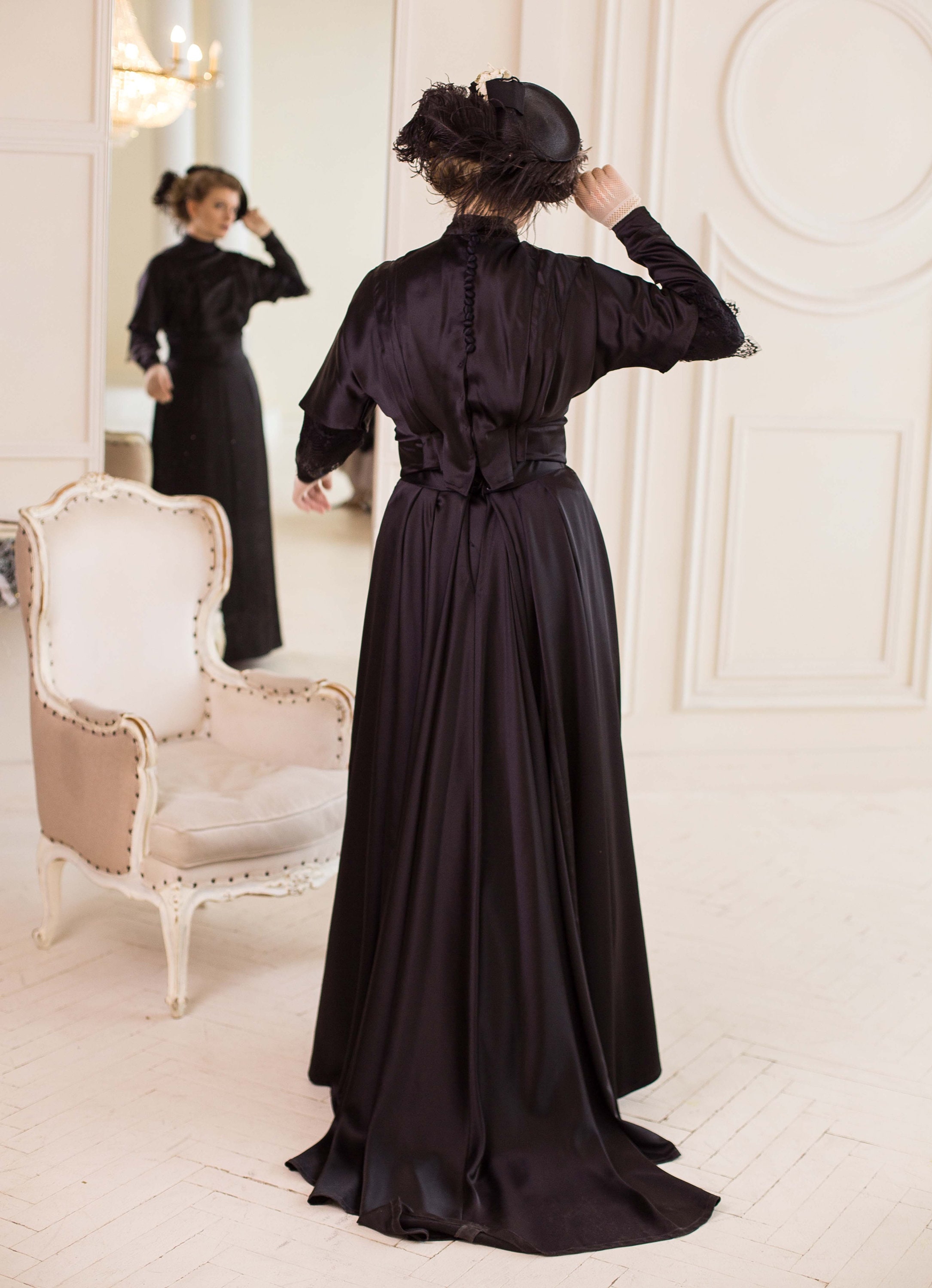 Edwardian Mourning Dress, 1900s Black Satin Gown - Etsy