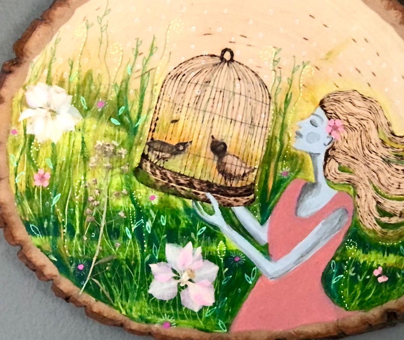 Woman With Bird Cage Mixed Media Art - Etsy