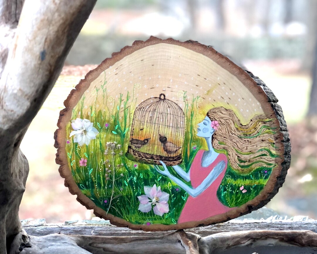 Woman With Bird Cage Mixed Media Art - Etsy