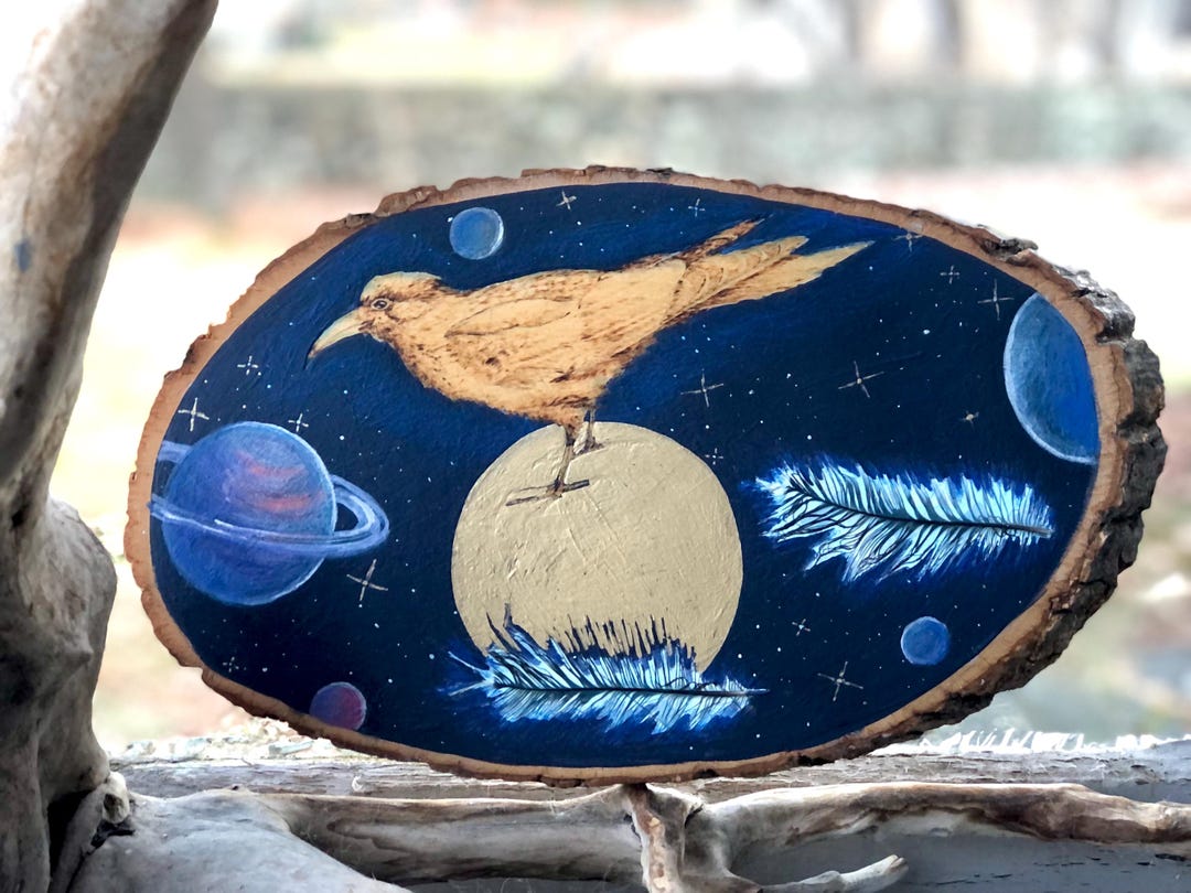 Raven, Moon and Planets Wood Slice Art: Farmhouse Home Decor (14.5” X 8 ...