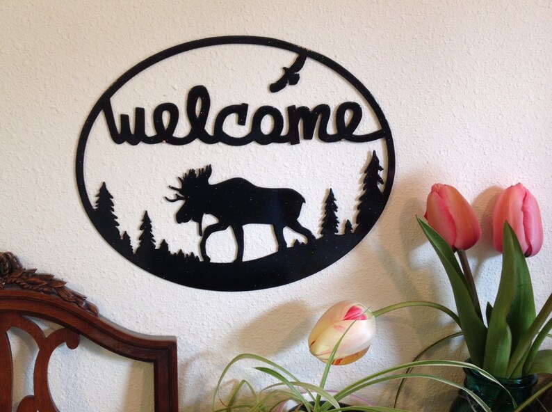 Moose Metal Art Welcome Sign, Moose Cabin Decor, Front Door Sign, New ...