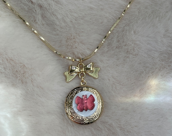 Vintage Locket Necklace Coquette Bow Butterfly Locket Necklace Y2k Bow ...