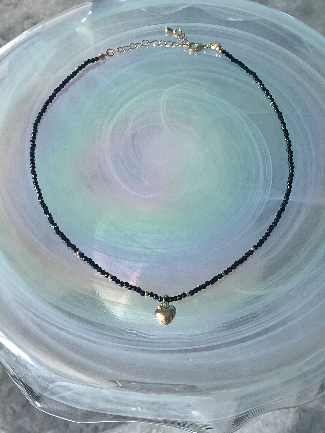 Y2K Dark Academia Necklace, Black Crystal Gold Heart Dainty Necklace ...
