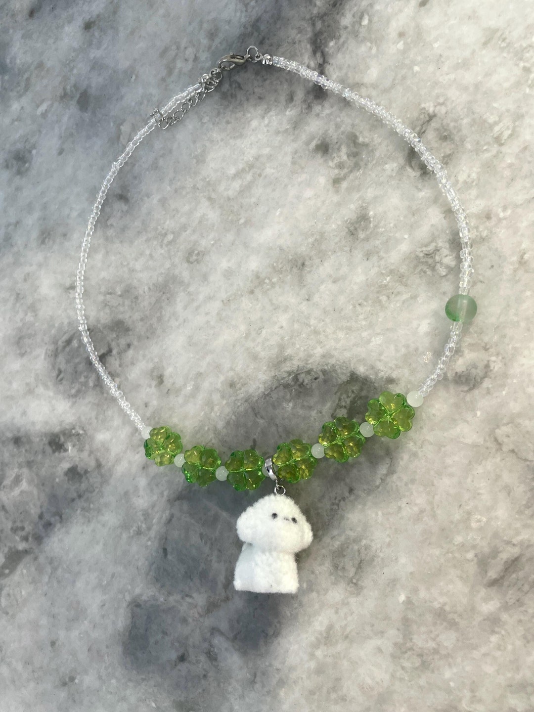 Y2k Shoujo Clover Bead Necklace White Doggo Dreamcore Four Leaf Clover ...