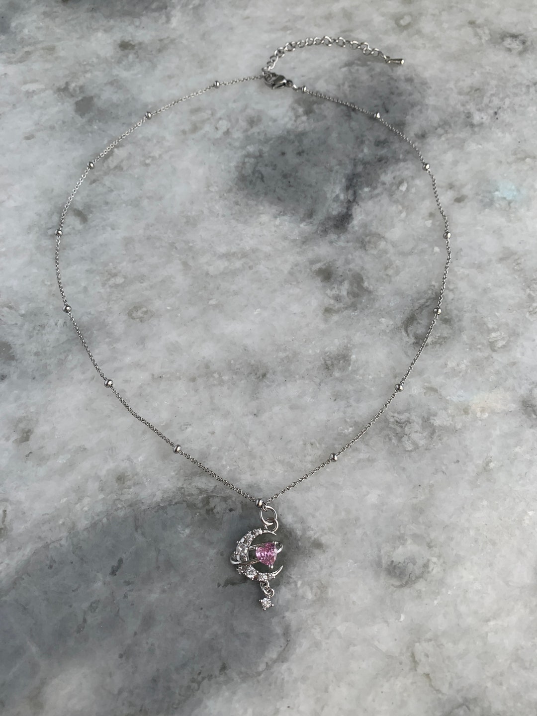 Y2K Coquette Necklace, Crescent Moon Necklace, Pink Heart Necklace ...