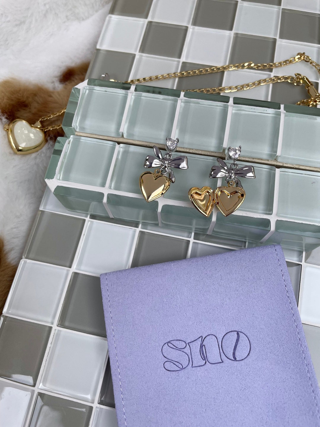 Bow Earrings Heart Locket 18K Gold Filled Ribbon Coquette Ballet Core ...