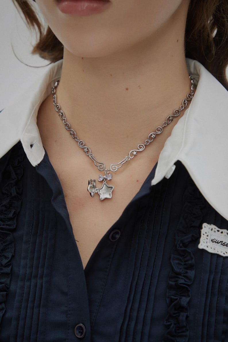 Y2k Star Locket Necklace Dreamcore Shoujo Coquette Bow Necklace Choker ...