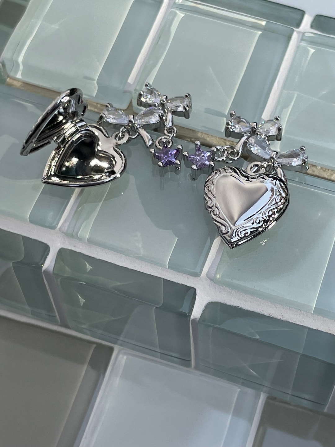 Heart Locket Earrings White Gold Filled Ribbon Coquette Ballet Core Y2K ...