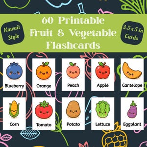 60 Kawaii Fruit & Vegetable Flashcards – Printable Cute Food Cards for ...