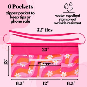 Pink Retro Apron With Zipper Pocket Flower Apron for Server Apron ...