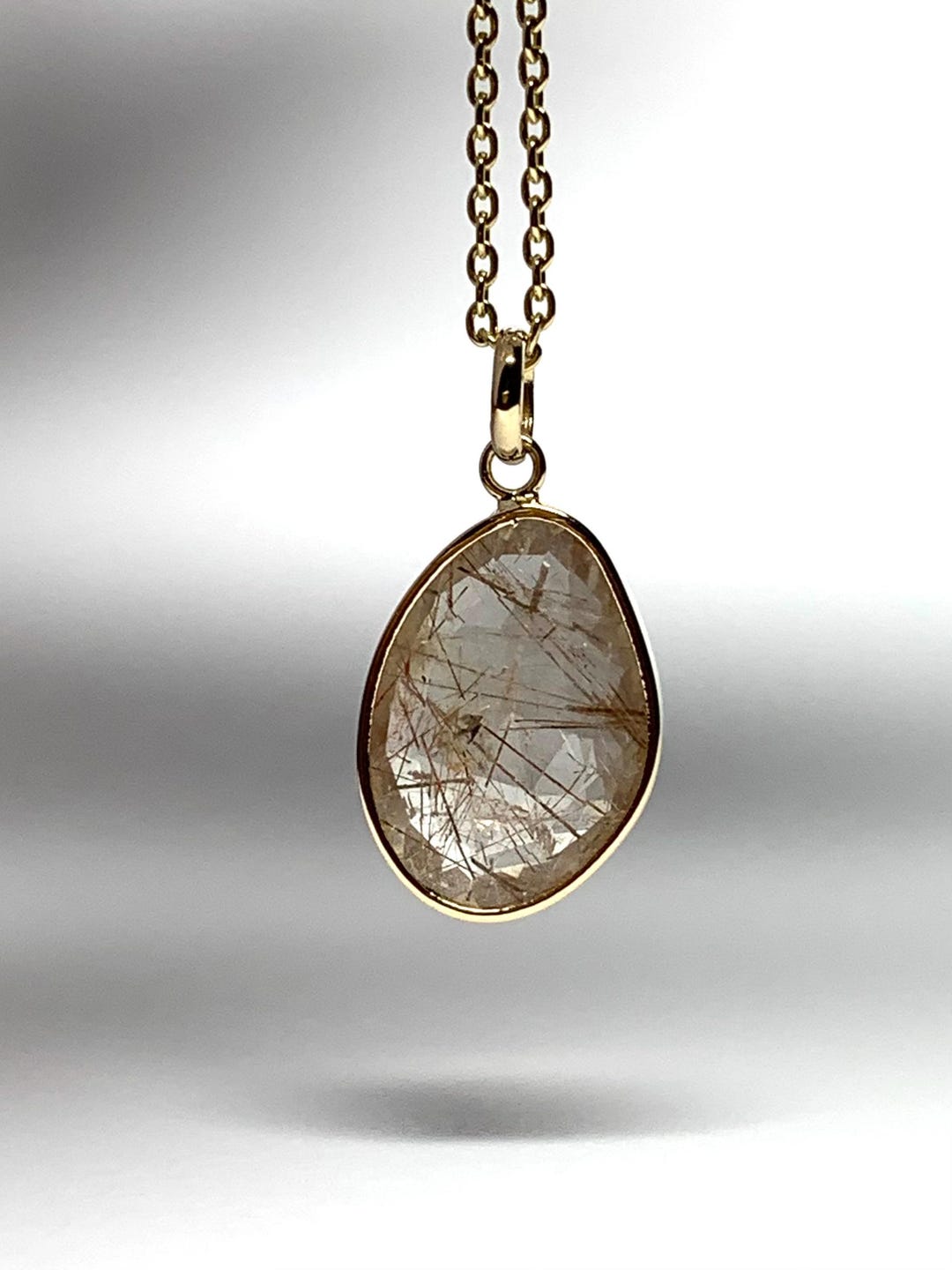 Mini 14k Solid Yellow Gold, Rutile Quartz Pendant, Rose Cut Gemstone ...