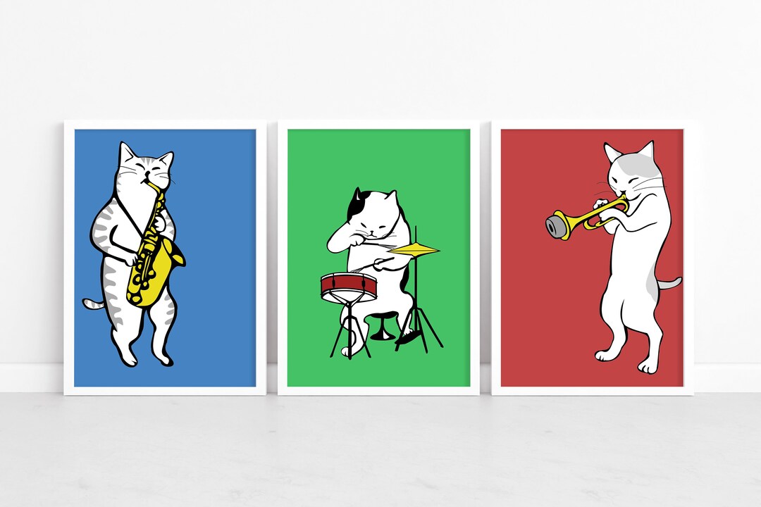 Jazz Prints Jazz Cat Print Set of 3 Gift for Musician Jazz Music Poster ...