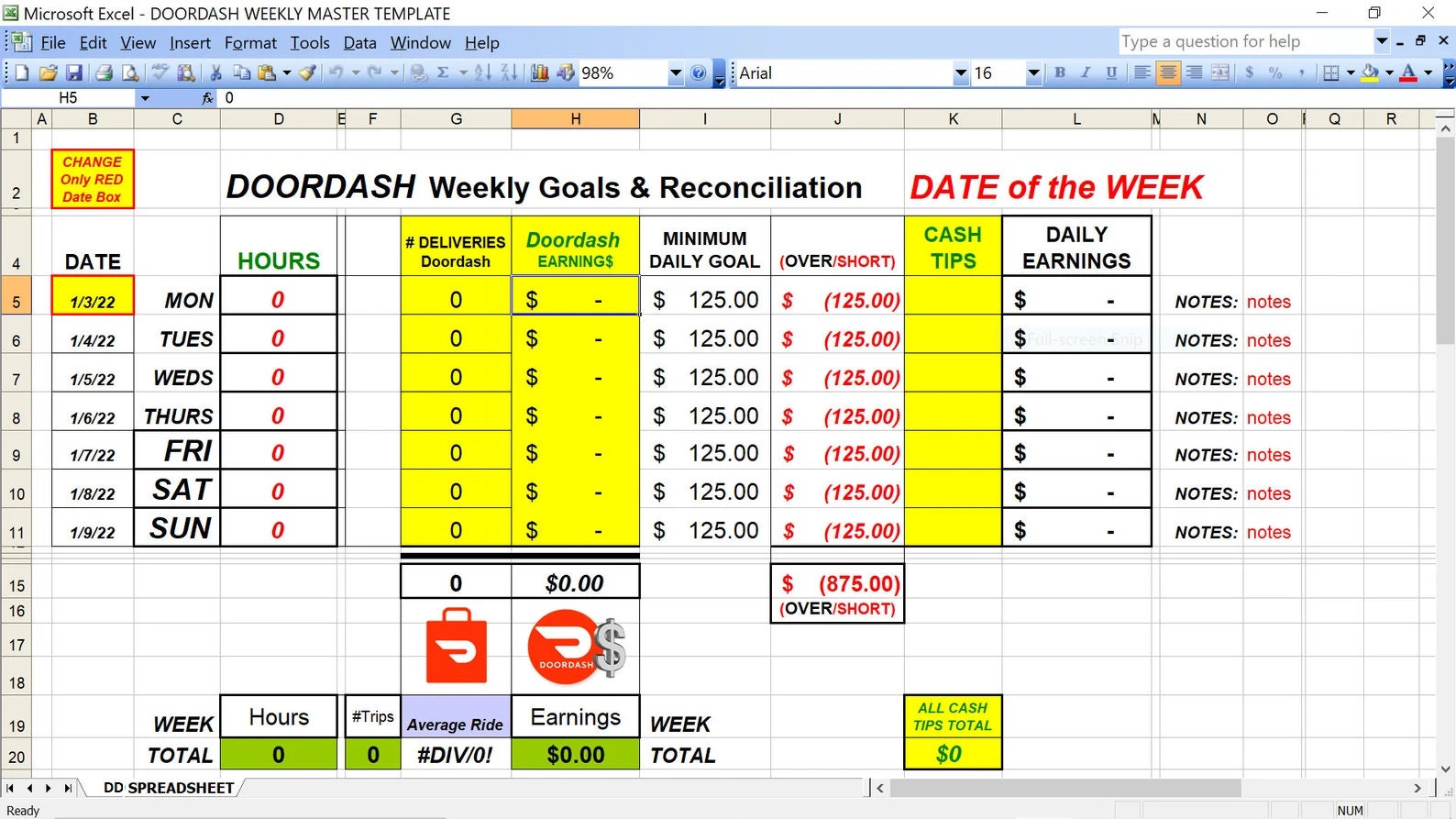 The DOORDASH Weekly Goals & Reconciliation SPREADSHEET | Business ...
