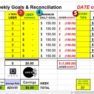 The Original UBER-DRIVER Weekly Goals & Reconciliation SPREADSHEET ...