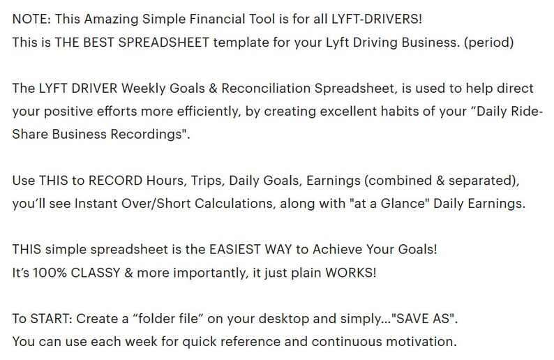 The LYFT-DRIVER Weekly Goals & Reconciliation SPREADSHEET | Business ...