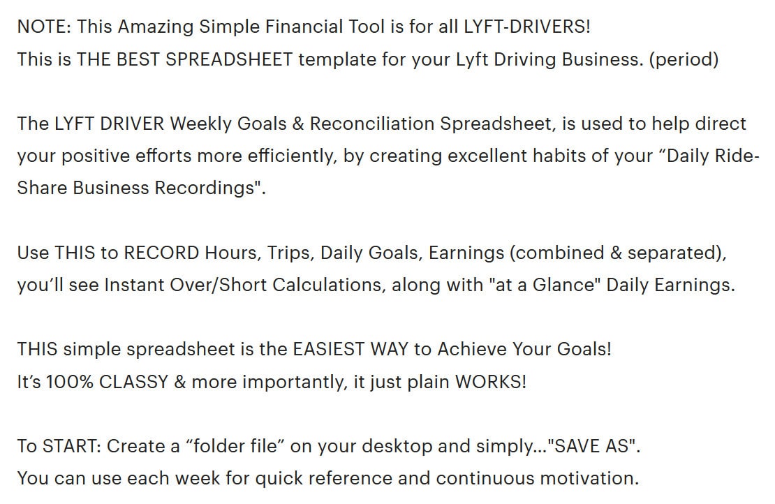 The LYFT-DRIVER Weekly Goals & Reconciliation SPREADSHEET | Business ...