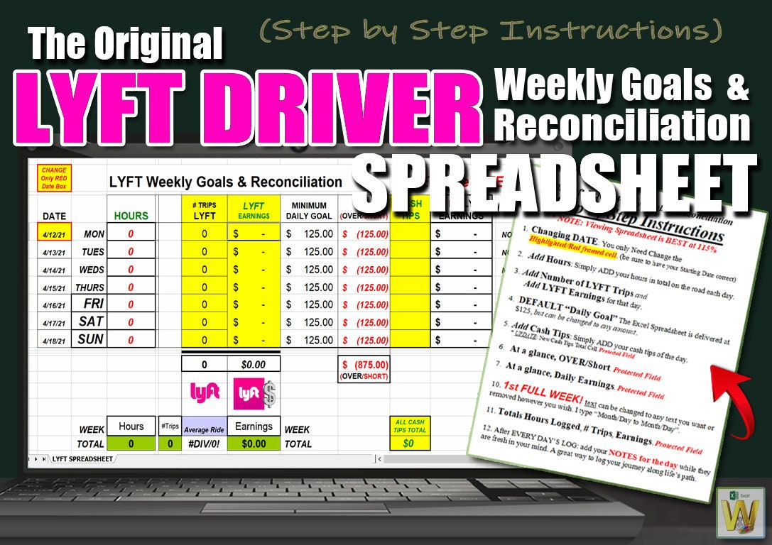 The LYFT-DRIVER Weekly Goals & Reconciliation SPREADSHEET | Business ...