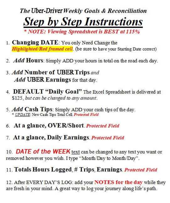 The UBER-DRIVER Weekly Goals & Reconciliation SPREADSHEET | Business ...
